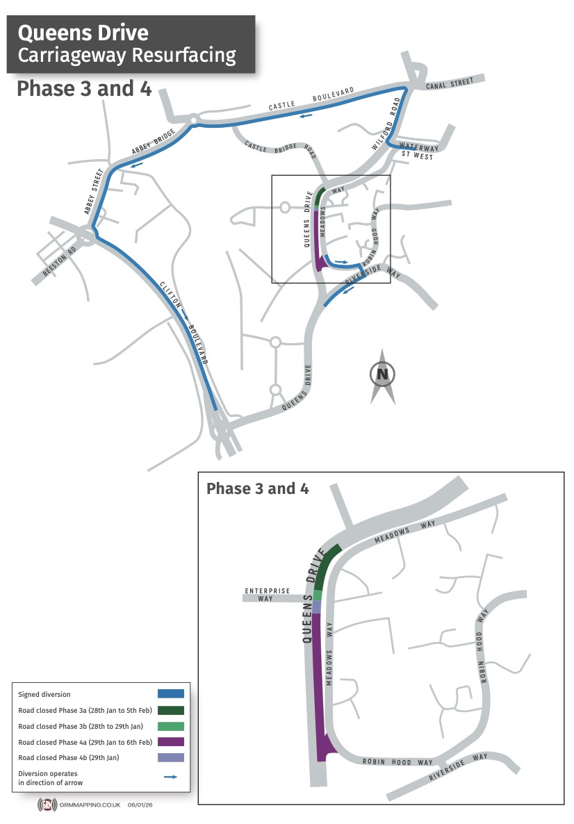 Nottingham: Road closures - Queens Drive resurfacing work from 19 ...